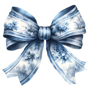 14 Toile Ribbon Bow PNG – Vintage Blue and White Floral Clipart With ...