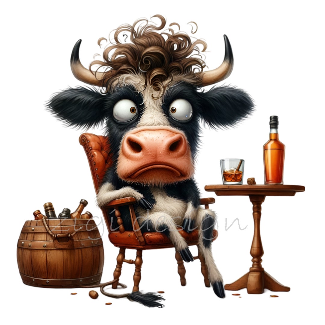 14 Quirky Cow Clipart PNG, Funny Cow With Curly Hair and Whiskey ...