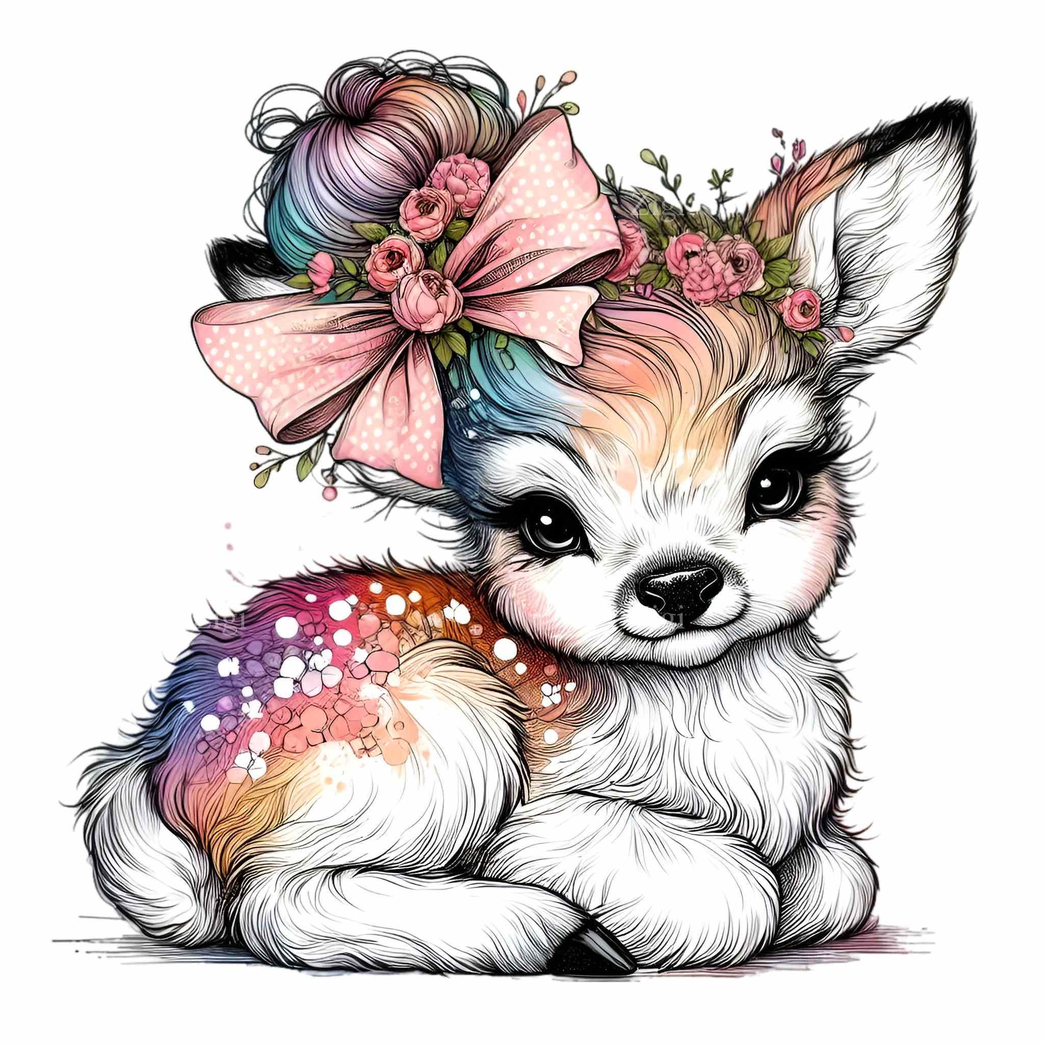 15 PNG Floral Baby Deer, Woodland Fawn Clipart, Pink Bow Messy Bun ...