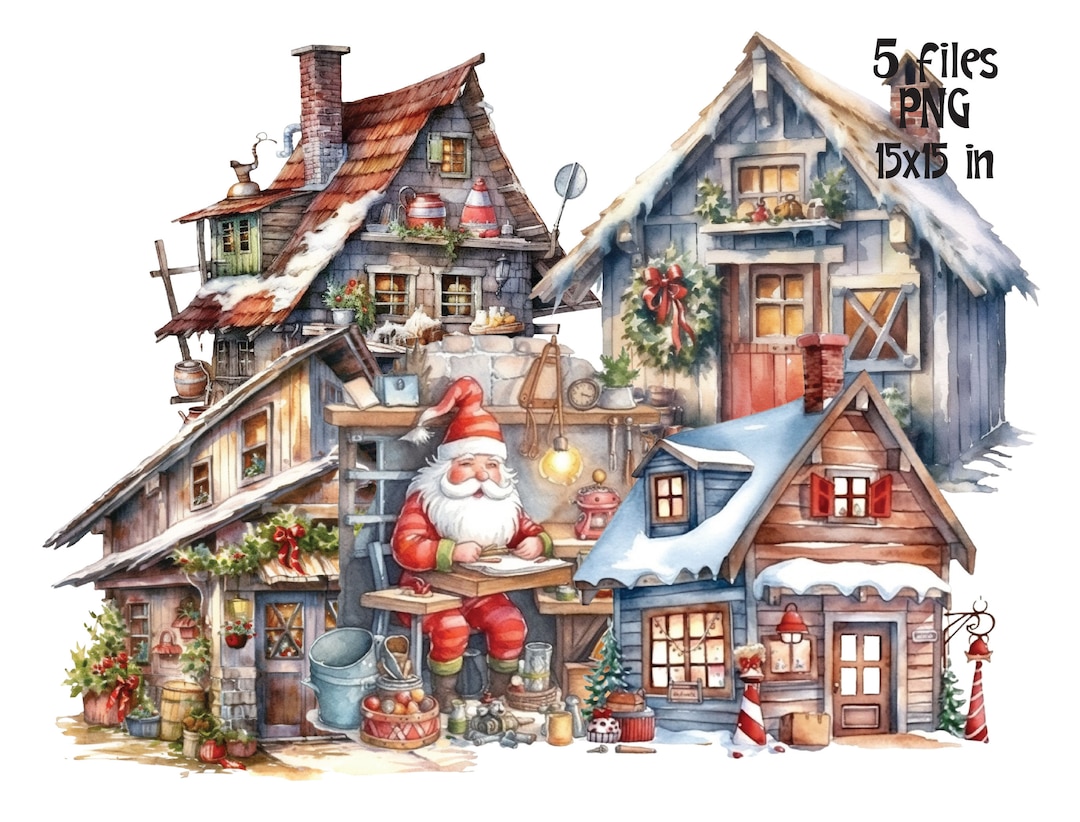 Santa's Workshop Clipart PNG Watercolor Winter Christmas - Etsy