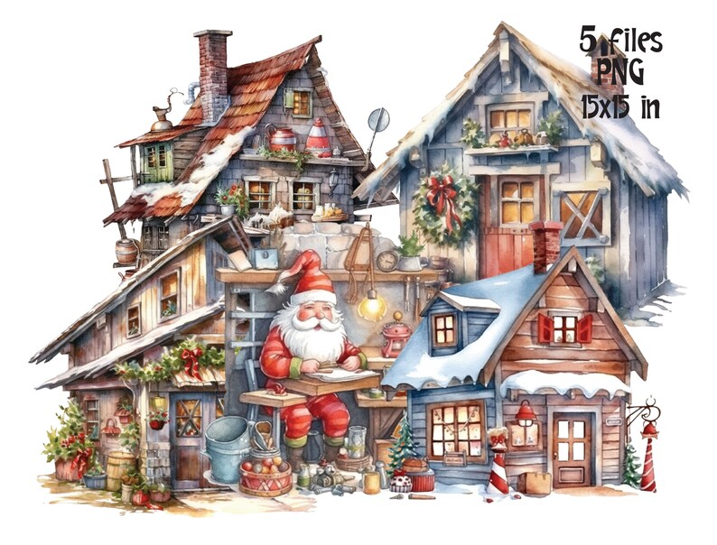 Santa's Workshop Clipart PNG Watercolor Winter Christmas - Etsy