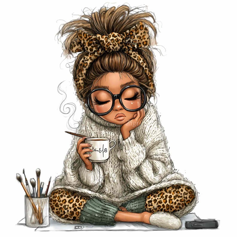 16 PNG Messy Bun Girl Clipart, Coffee Lover, Leopard Print Bow, Fashion ...
