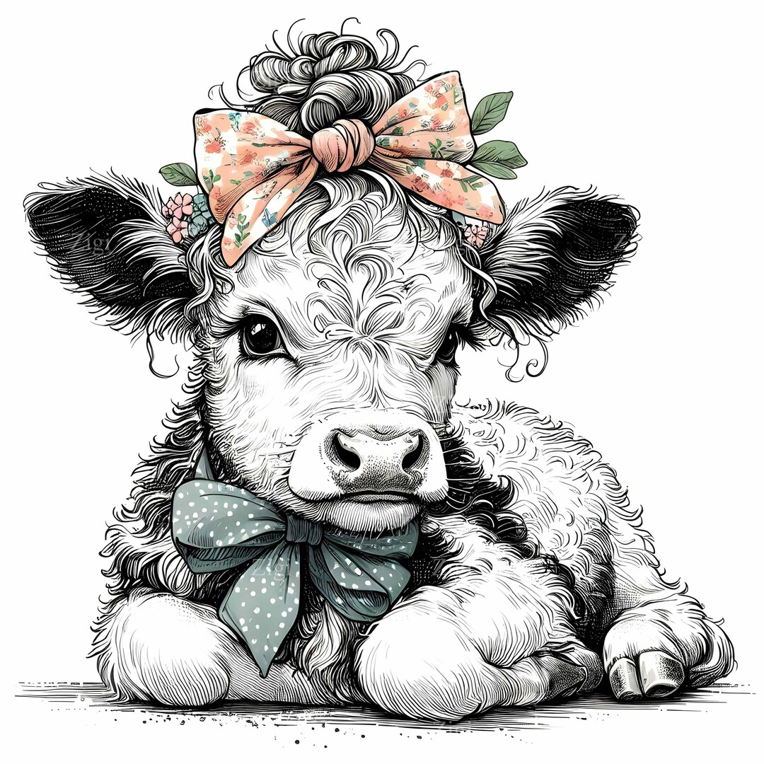 11 JPEG Curly Baby Cow Clipart With Floral Bows, Cute Farm Calf JPEG ...