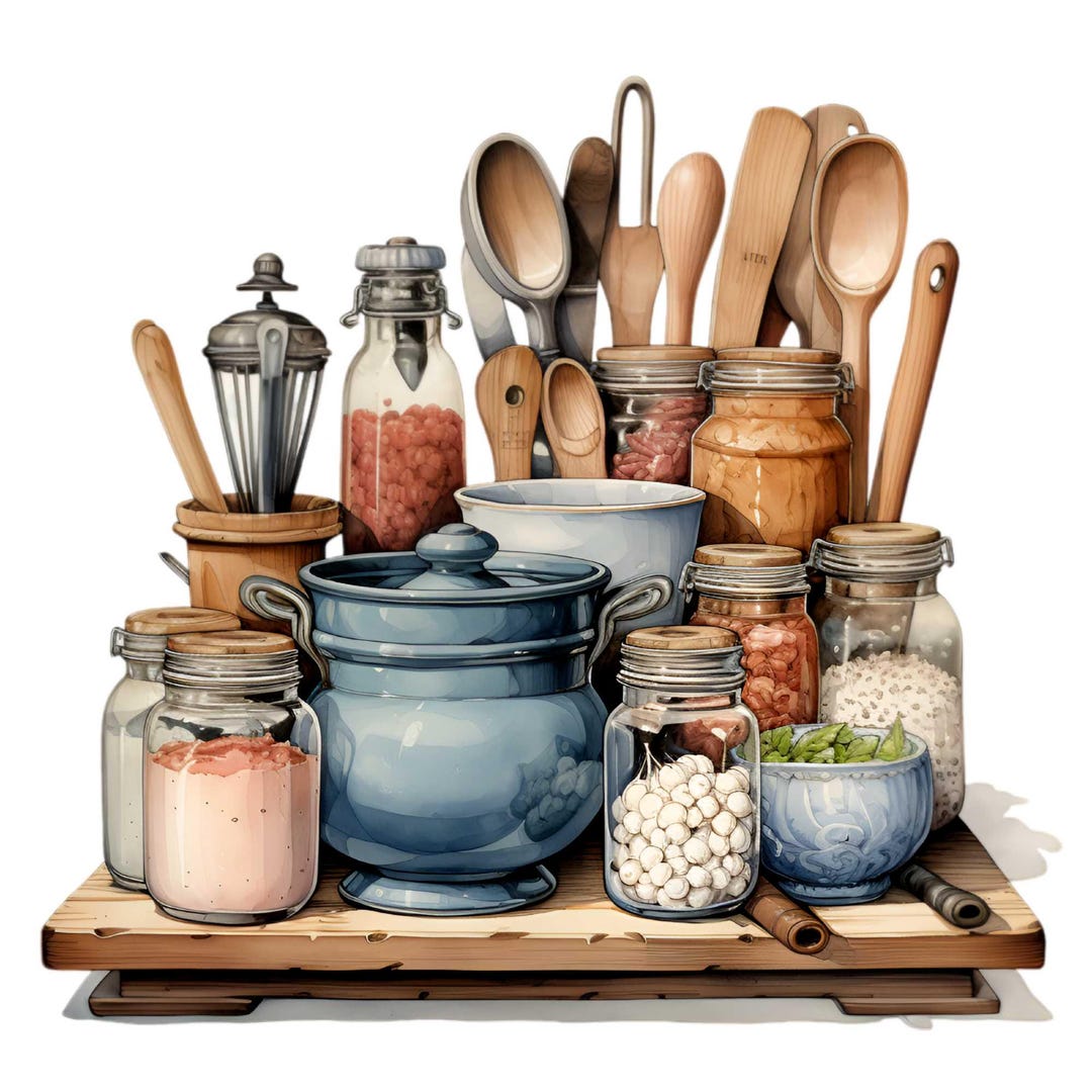 Vintage Kitchen Clipart PNG - 15 Rustic Cooking Utensils & Jars ...