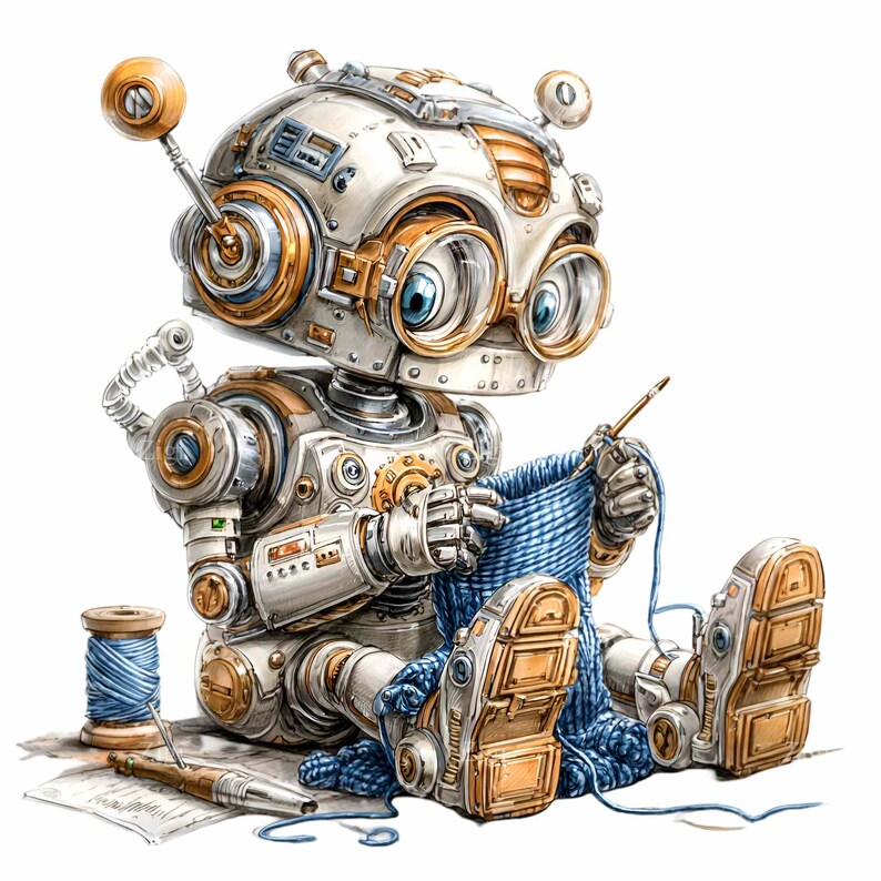 16 PNG Knitting Robot Clipart – Watercolor Mechanical Crafter ...