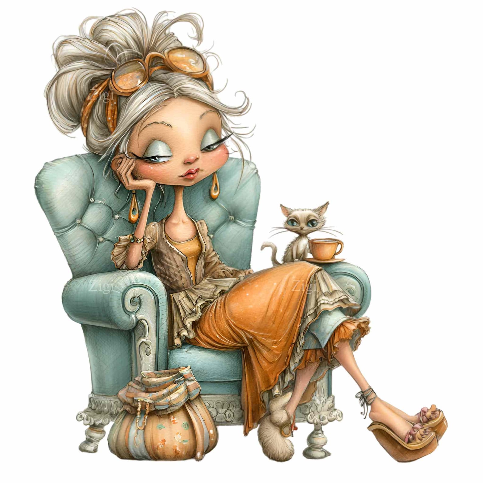 15 PNG Whimsical Lady Clipart - Funny Woman With Cat PNG - Digital ...
