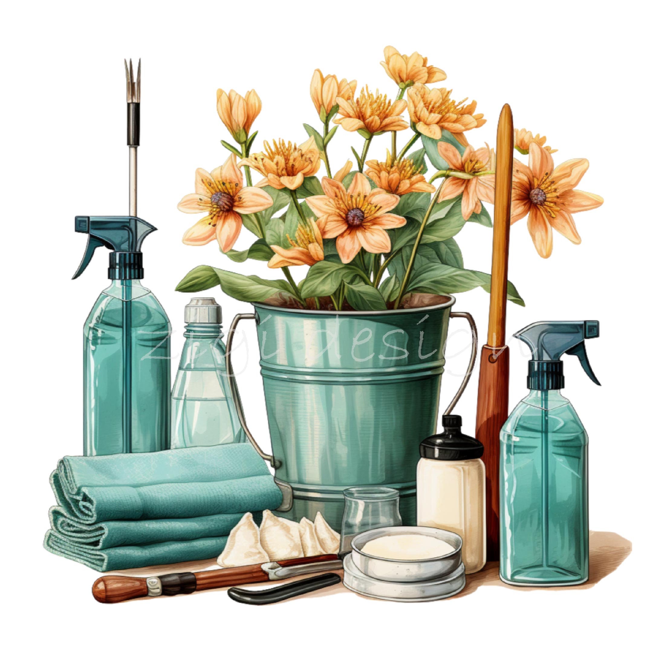 24 Rustic Cleaning Tools PNG Clipart, Vintage Brooms and Bucket ...
