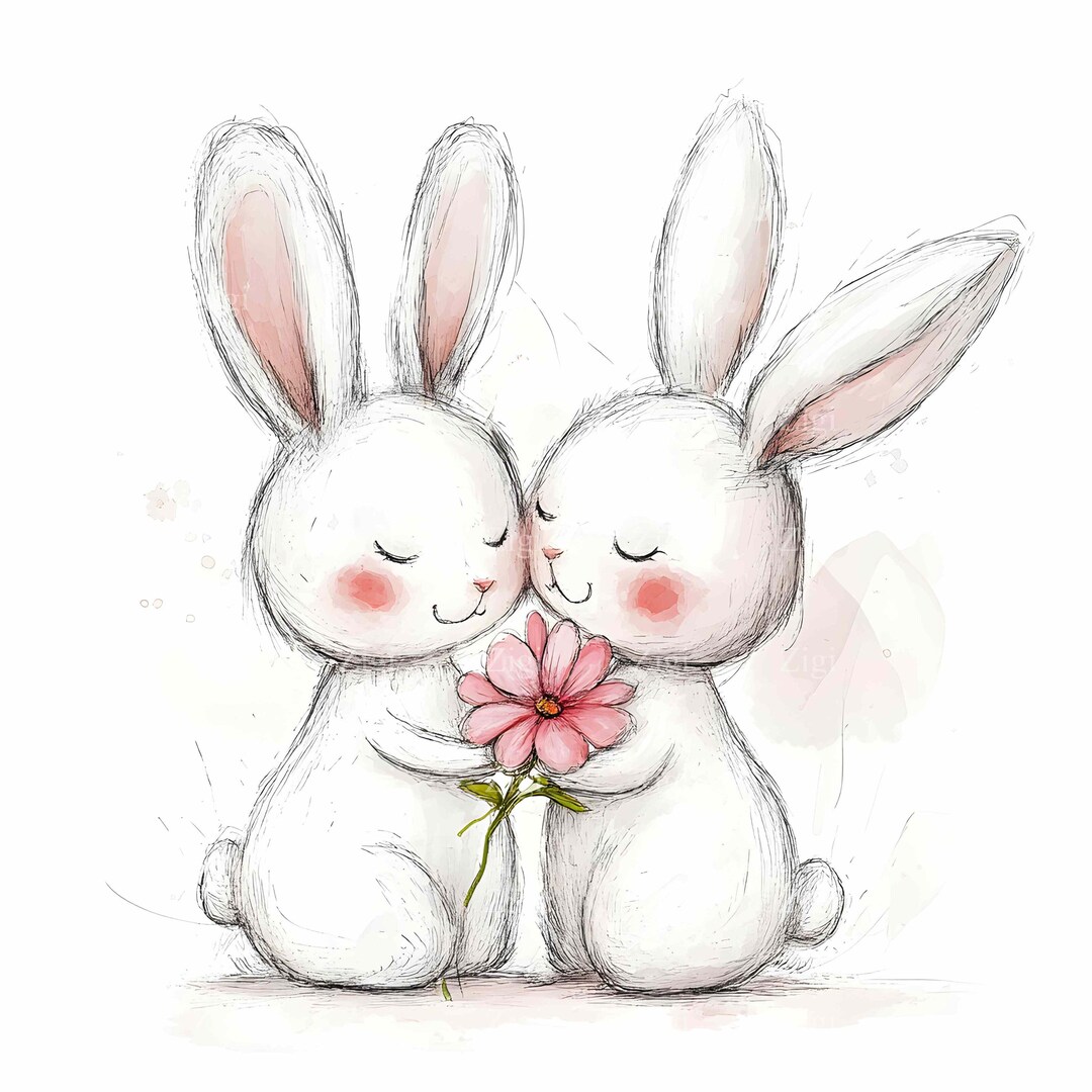 24 JPEG Bunny Pair JPG Clipart, Two Rabbits With Pink Flower ...