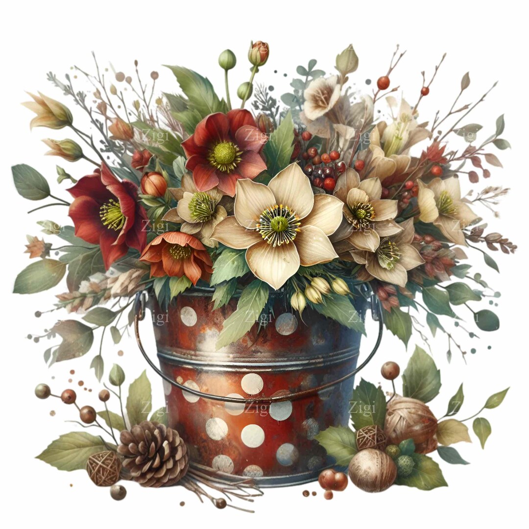 12 Rustic Floral Bucket PNG Clipart, Red Polka Dot Pail With Fall ...