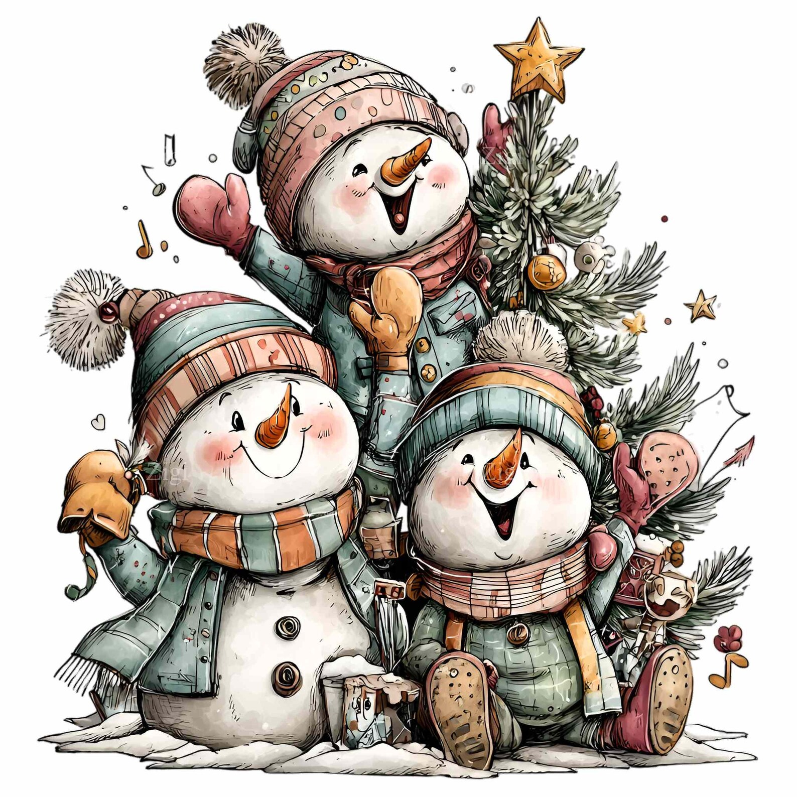 10 PNG Caroling Snowmen Clipart – Christmas Singing PNG – Festive ...