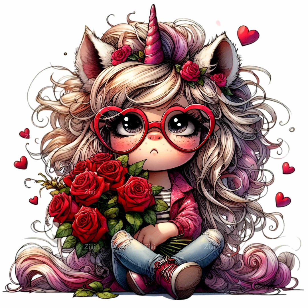 Cute Unicorn Girl PNG Clipart With Heart Glasses and Bouquet of Roses ...