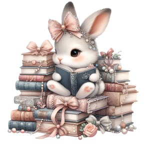 Bunny Clip Art, Reading Book Clipart, 12 PNG Librarian Neutral Colors ...
