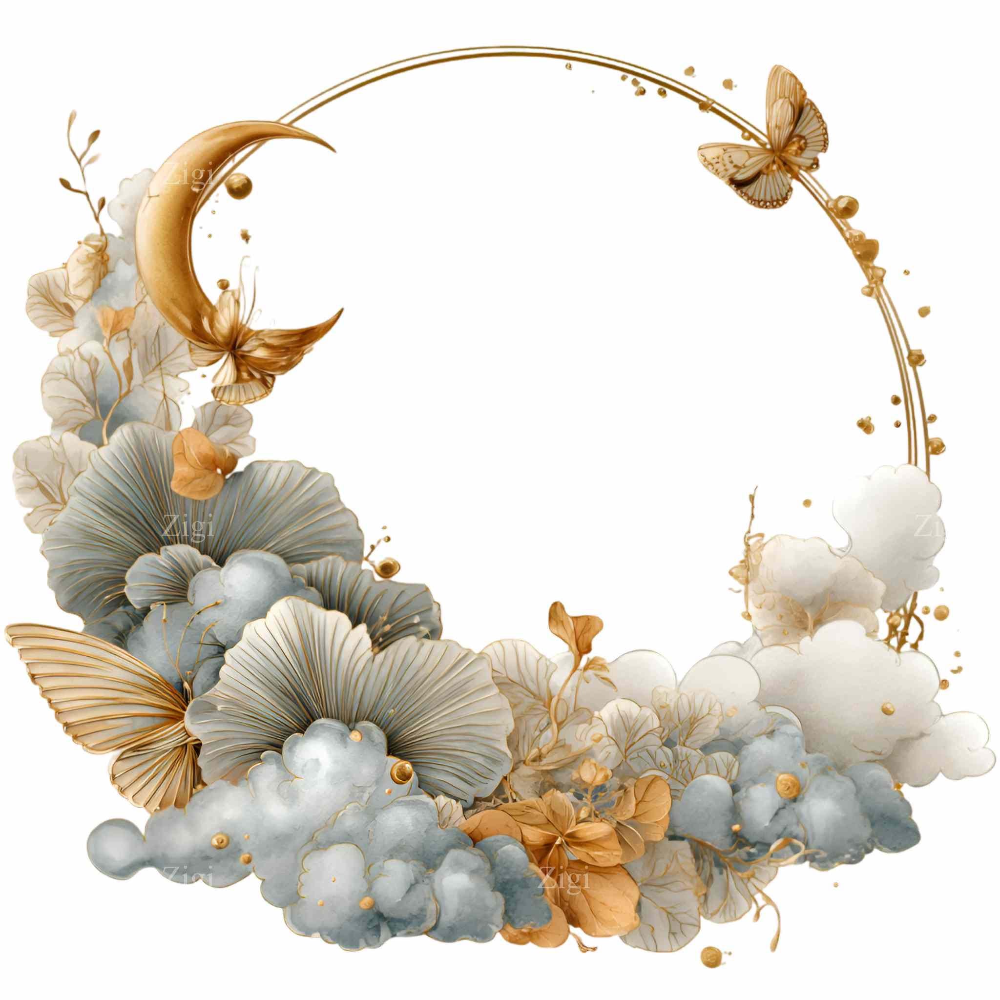 16 PNG Celestial Moon Frame PNG – Gold Clouds and Wings Clipart – Lunar ...