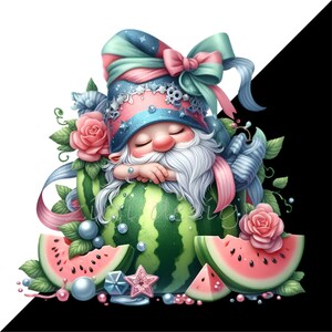 Watermelon Gnome Clipart Cute Summer Illustration 10 PNG Sleepy Gnome ...