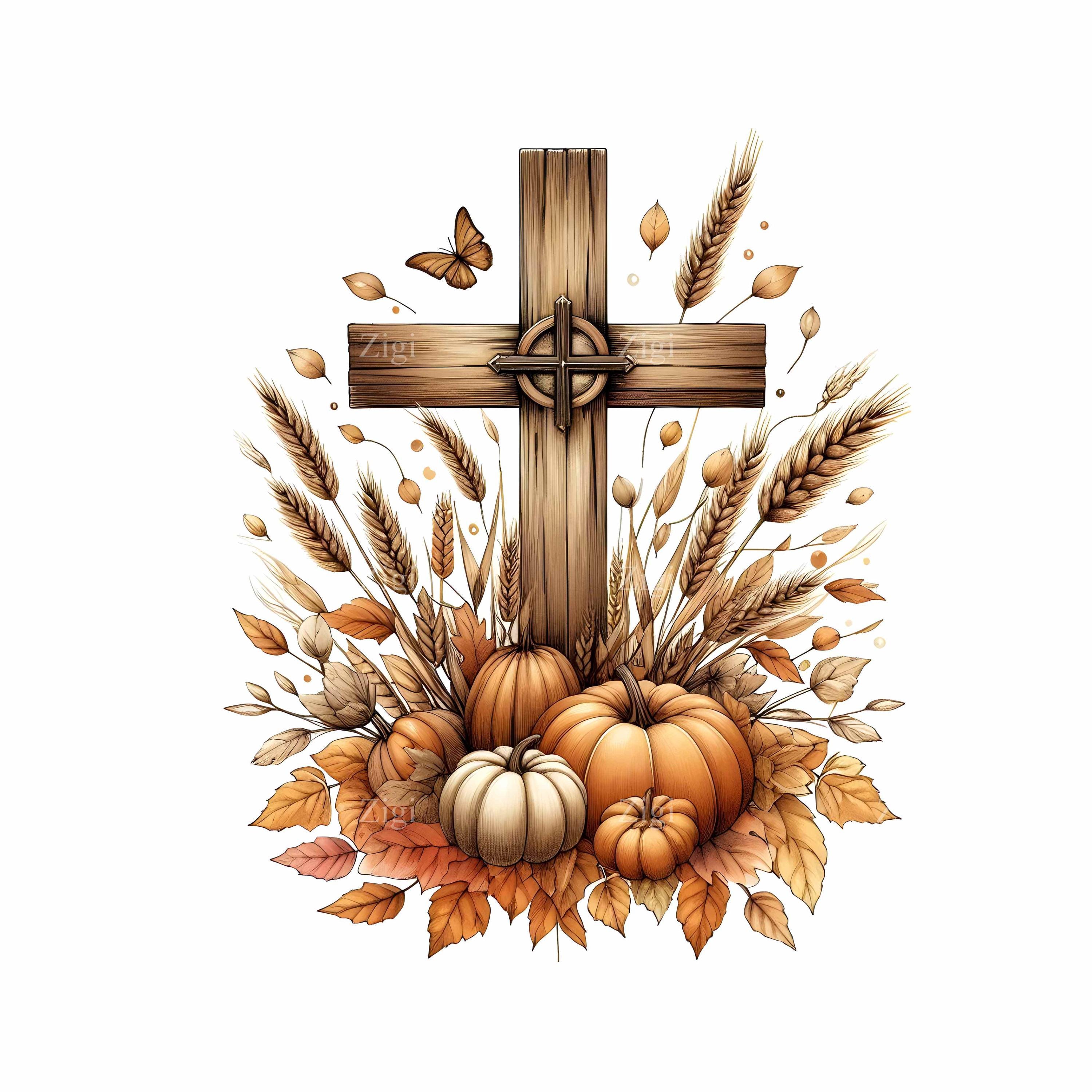 20 JPG Rustic Autumn Cross, Fall Pumpkin Harvest Clipart, Christian ...
