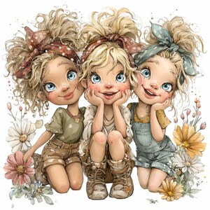 10 PNG Three Girls Clipart – Cute Watercolor PNG – Friendship Sisters ...