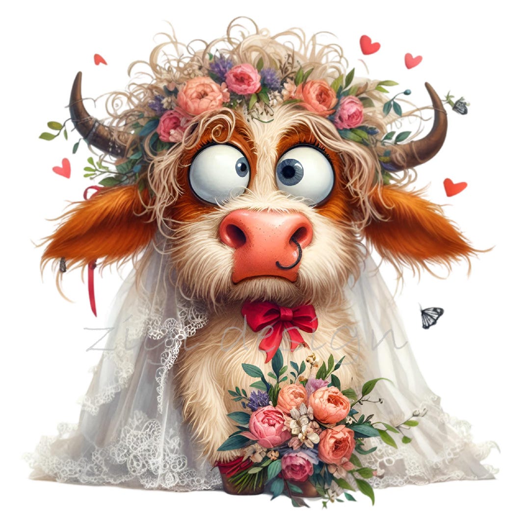 15 Bride Highland Cow With Floral Crown PNG Clipart Funny Wedding Cow ...