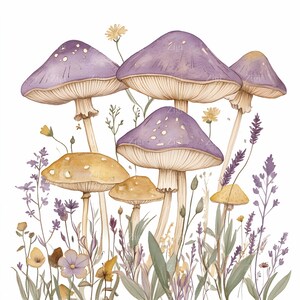 12 JPEG Mushroom Clipart - Purple Mushrooms With Flowers Illustration ...