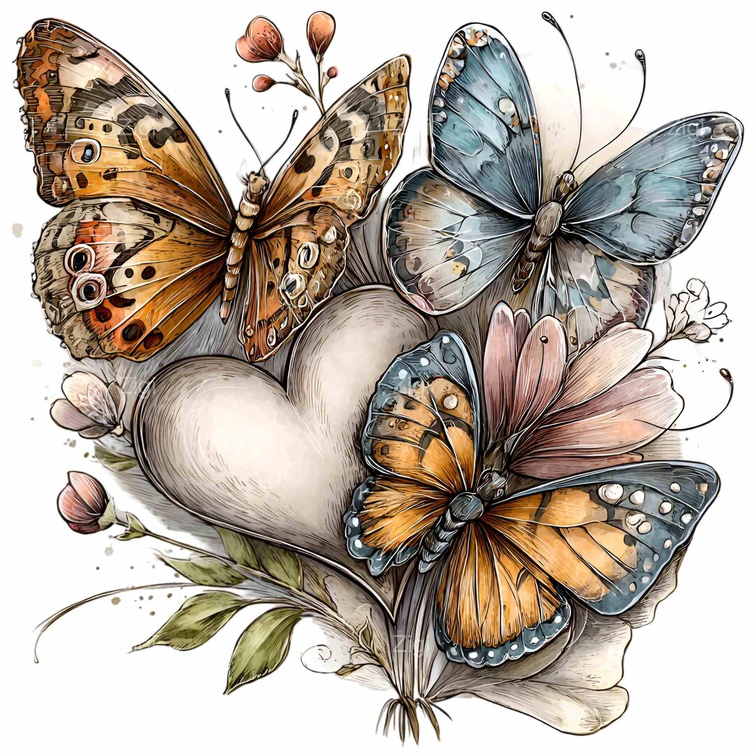 12 PNG Butterfly Heart Clipart - Romantic Illustration With Flowers and ...