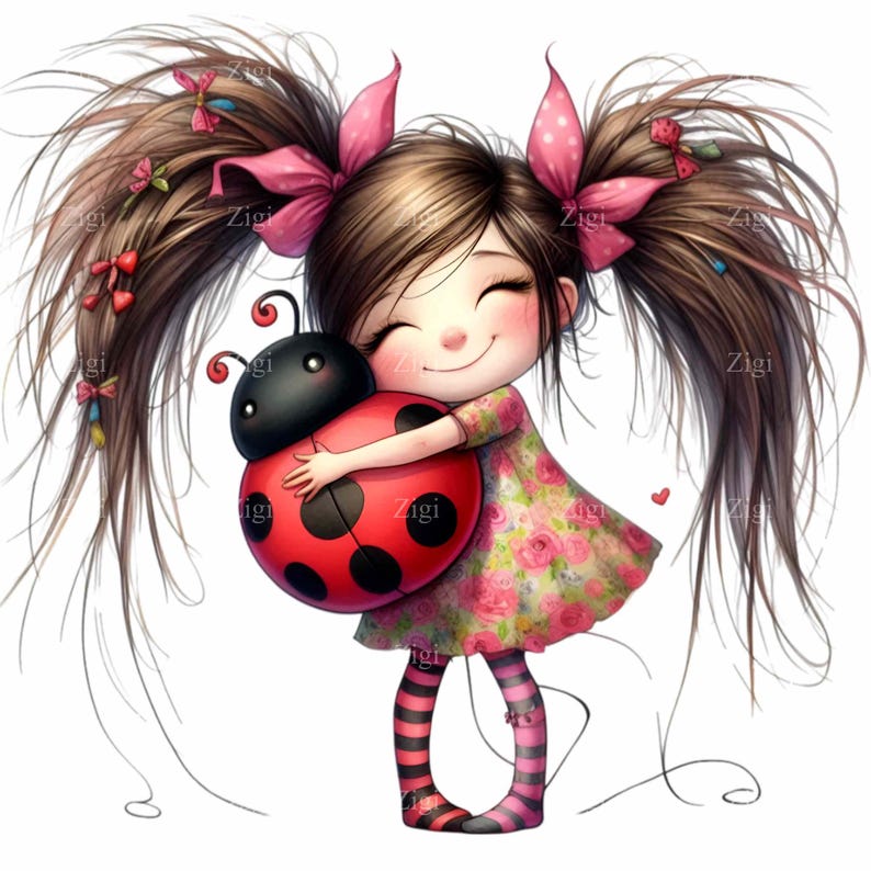 15 Cute Girl Hugging Ladybug PNG, Whimsical Child Illustration, Ladybug ...