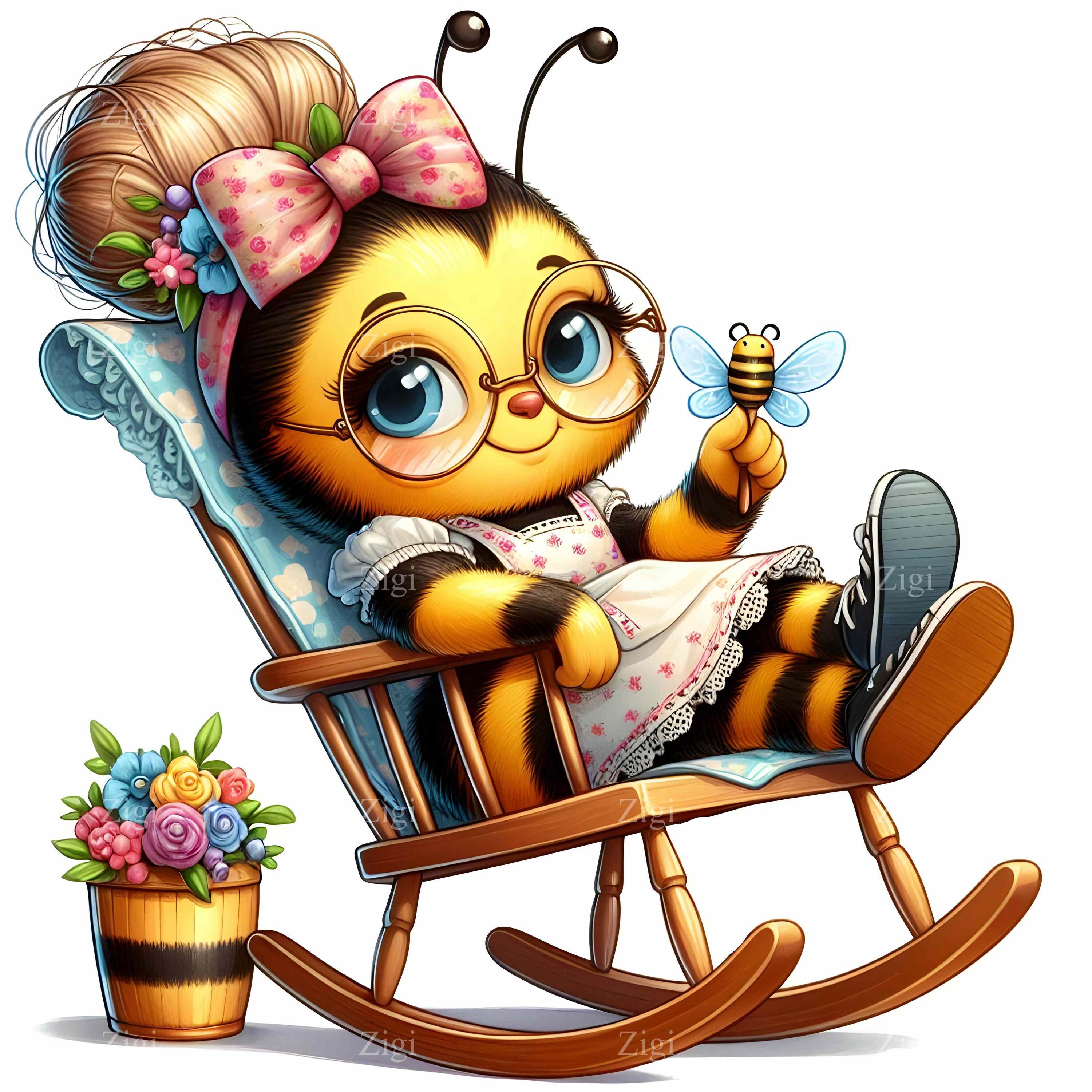 12 JPEG Cute Bee Clipart in Rocking Chair With Apron & Bow, Floral ...