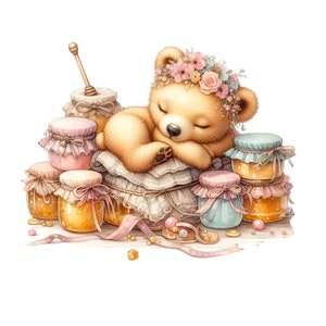 10 Cute Bear Honey PNG, Sleeping Bear With Honey Jars Clipart, Pastel ...