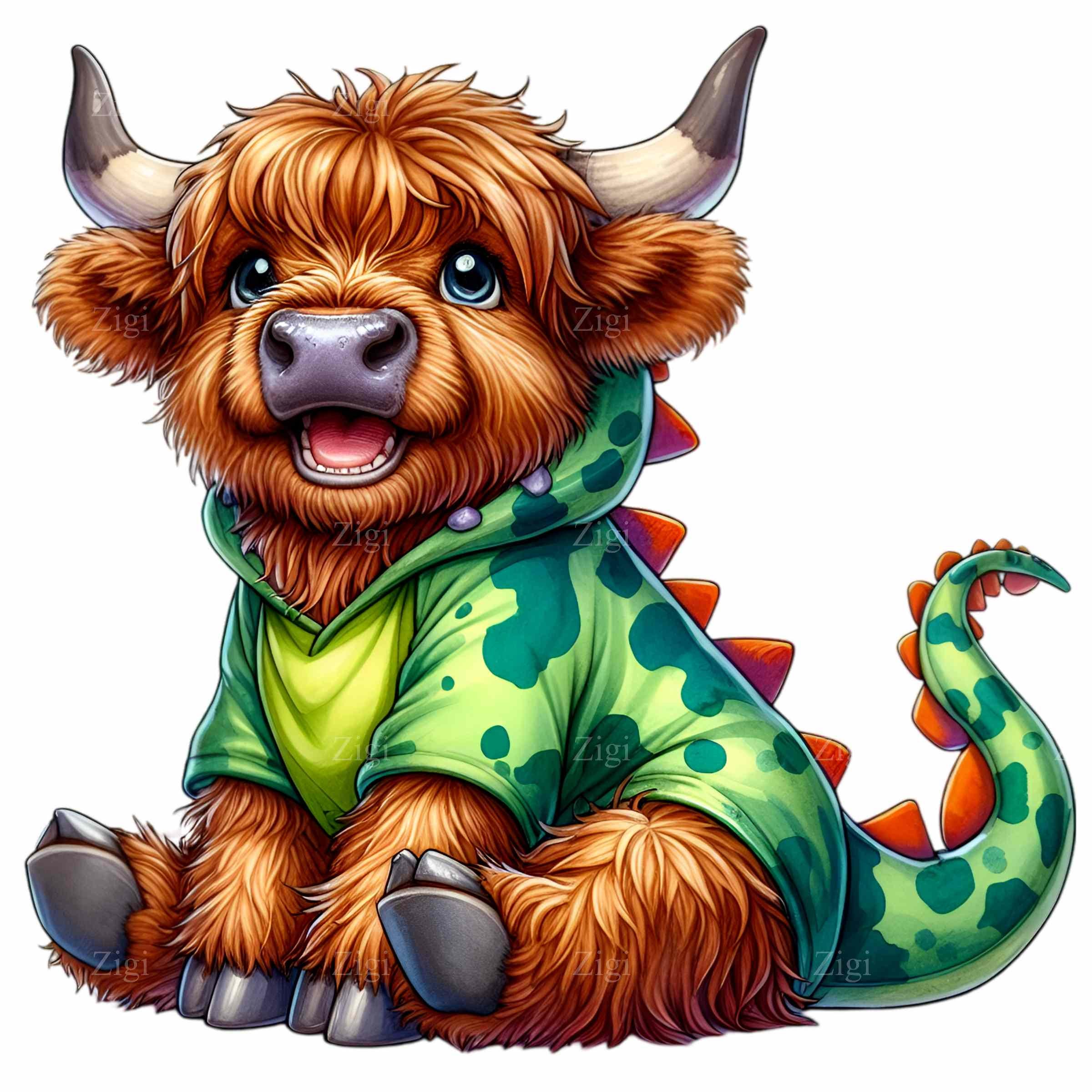 12 Highland Cow in Dino Costume PNG - Cute Fluffy Cow Digital Clipart ...