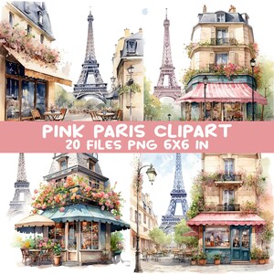 Pink Paris Clipart Bundle 20 Pastel Watercolor PNG, Eiffel Tower Café ...