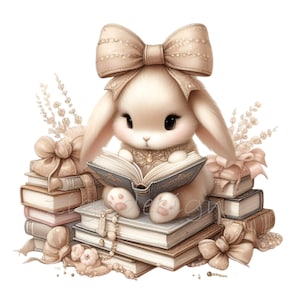 Bunny Clip Art, Reading Book Clipart, 12 PNG Librarian Neutral Colors ...