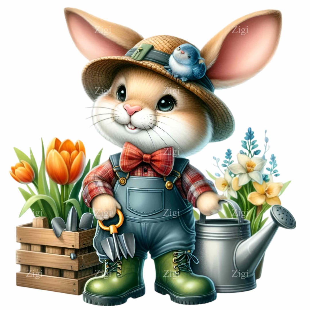 15 PNG Spring Bunny Clipart – Cute Gardening Rabbit PNG – Easter Kids ...