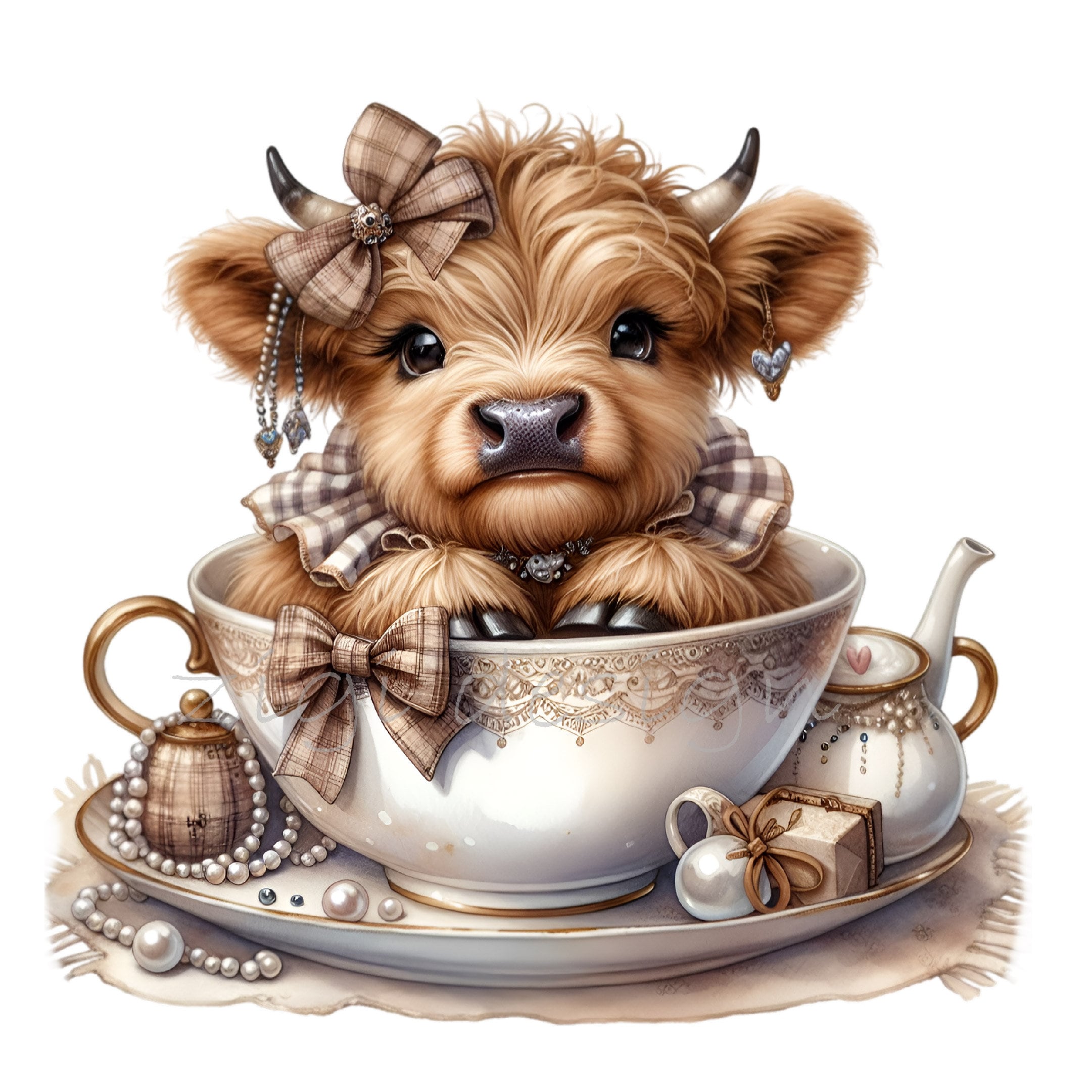12 PNG Pink Highland Cow Clipart, Teacup Calf Bow Vintage Watercolor - Etsy