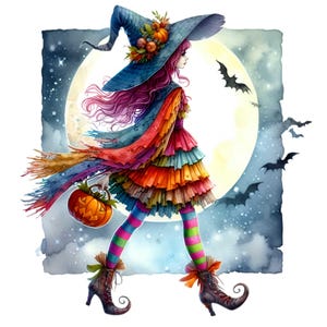 Autumn Witch Clipart - 15 Vibrant Rainbow Dress, Moonlit Background ...