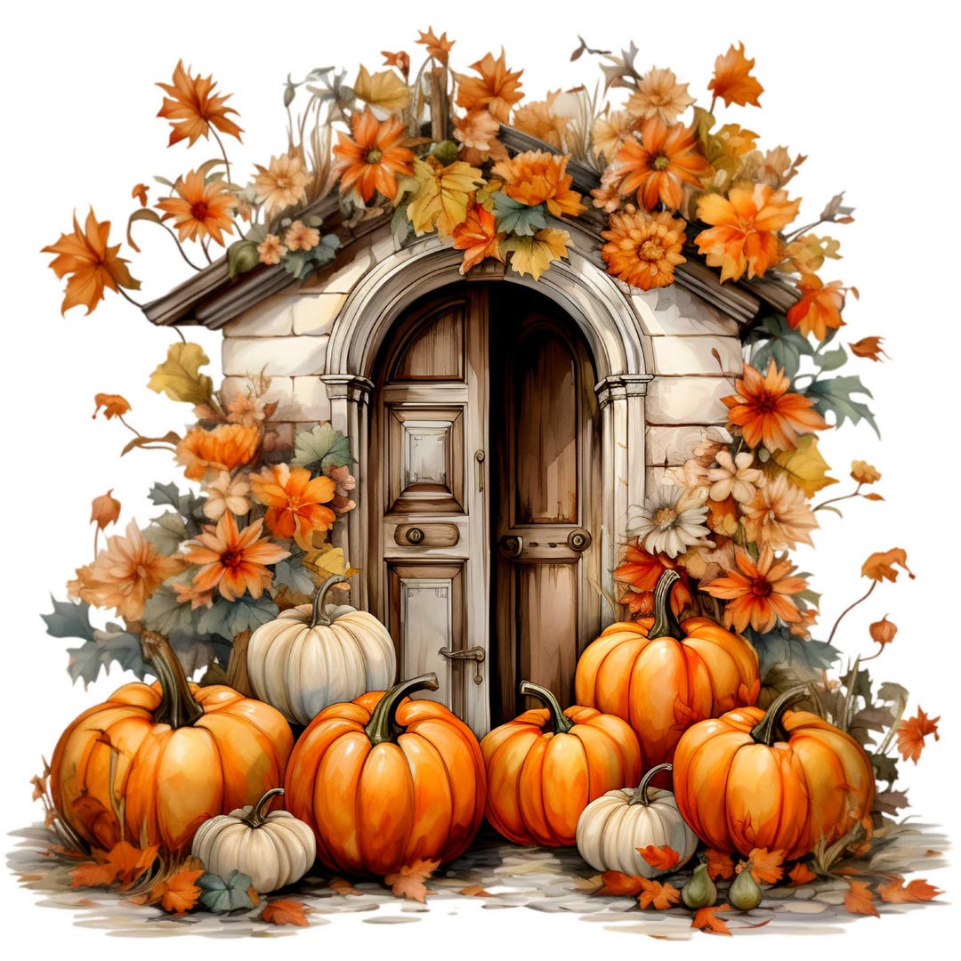 10 Autumn Door PNG Clipart, Rustic Wooden Door Surrounded by Pumpkins ...
