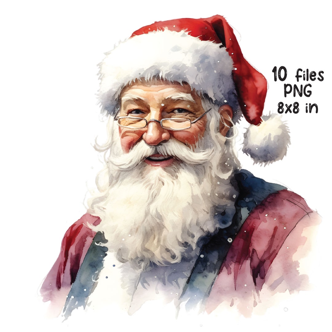 Classic Retro Santa Claus Clipart PNG Bundle Watercolor Christmas Card ...