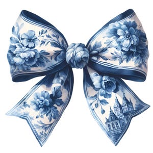 14 Toile Ribbon Bow PNG – Vintage Blue and White Floral Clipart With ...