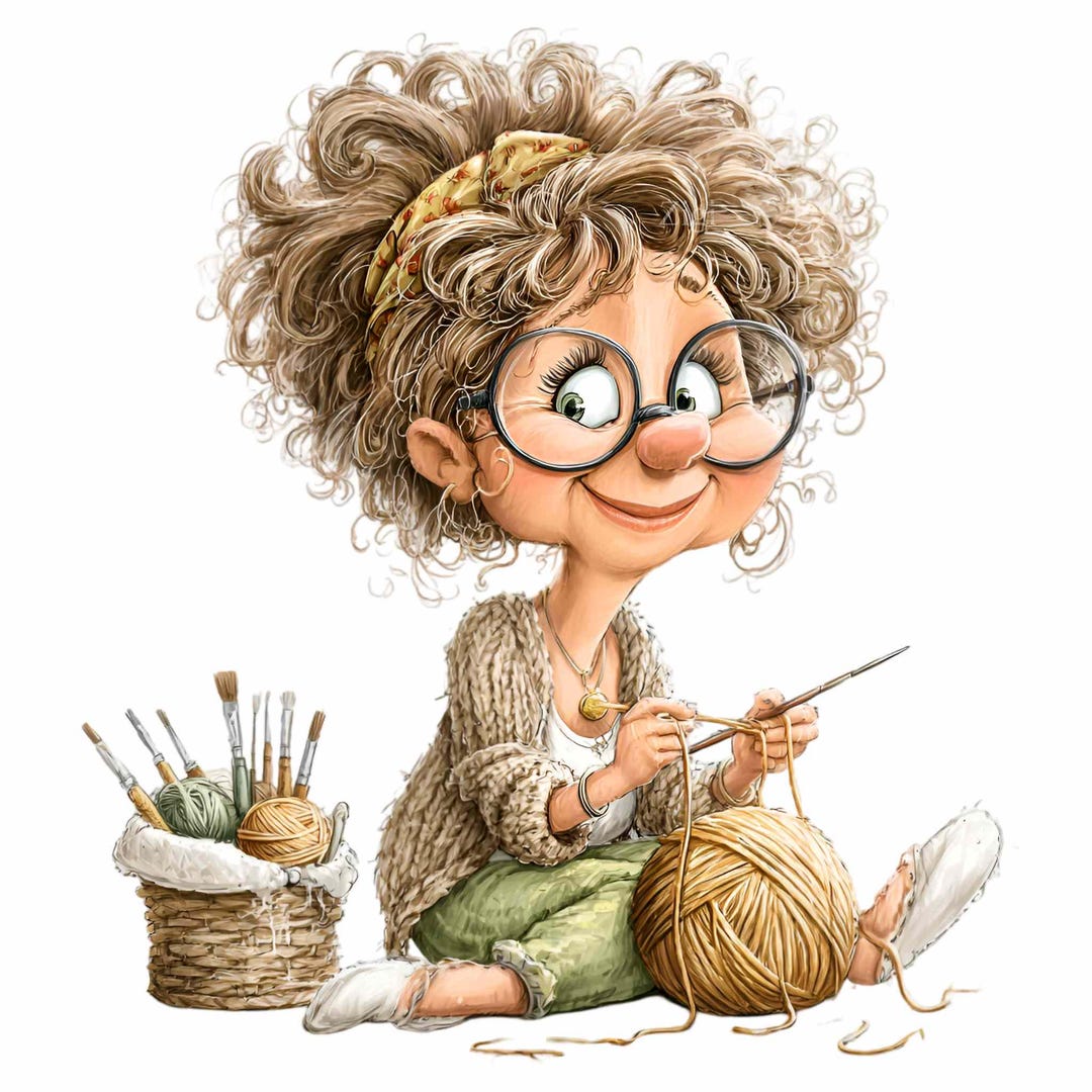 15 PNG Knitting Lady Clipart – Yarn PNG – Whimsical Woman Digital for ...