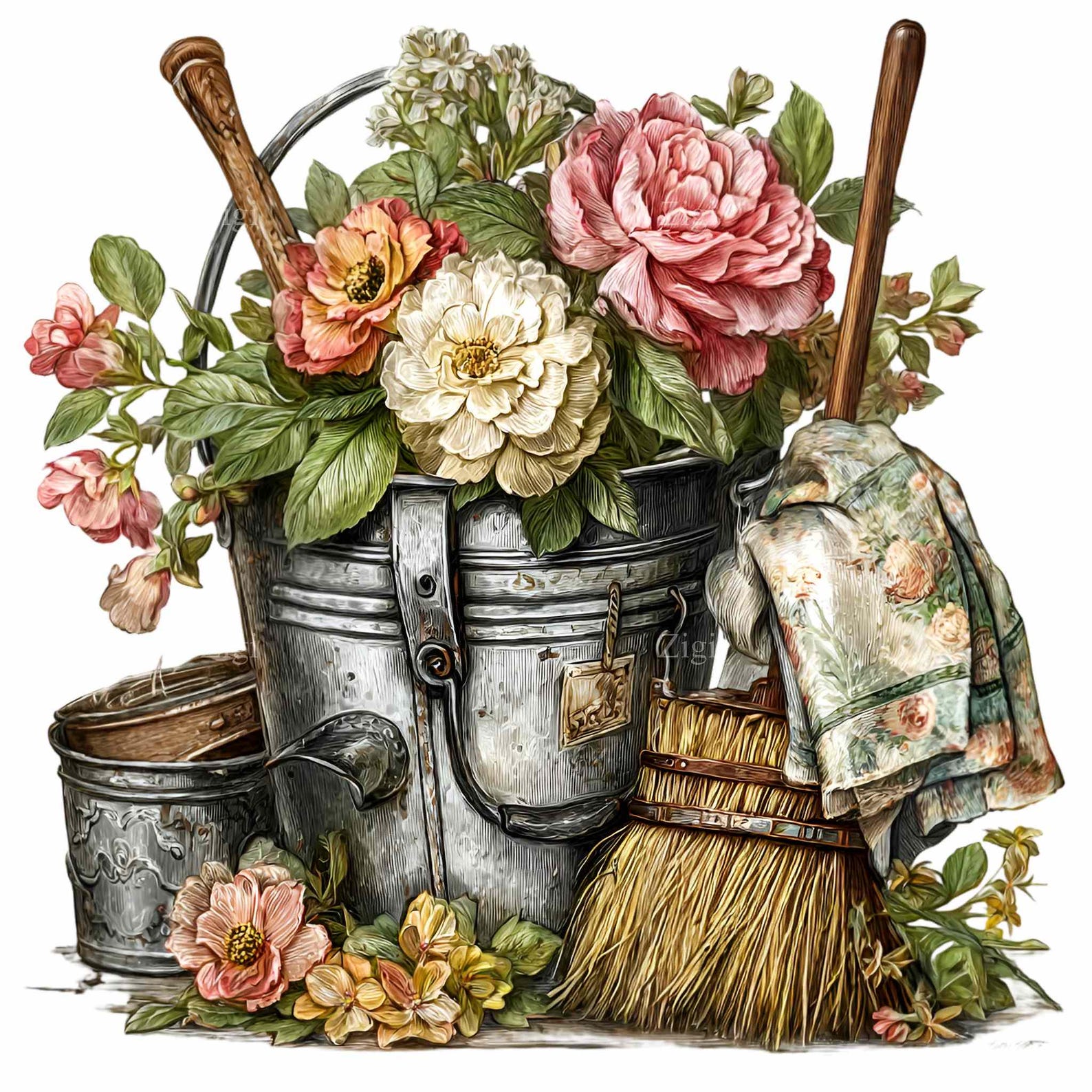 10 PNG Vintage Garden Tools PNG – Floral Bucket Clipart – Rustic Decor ...