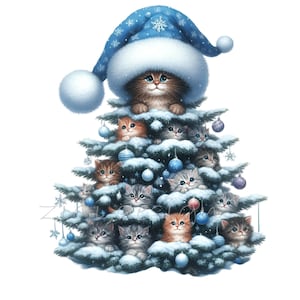Christmas Kitten Tree Clipart 10 Cute Festive Cat Illustration in Santa ...