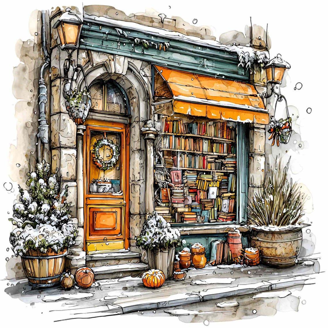 10 PNG Winter Bookstore Clipart – Snowy Library PNG – Vintage Cottage ...