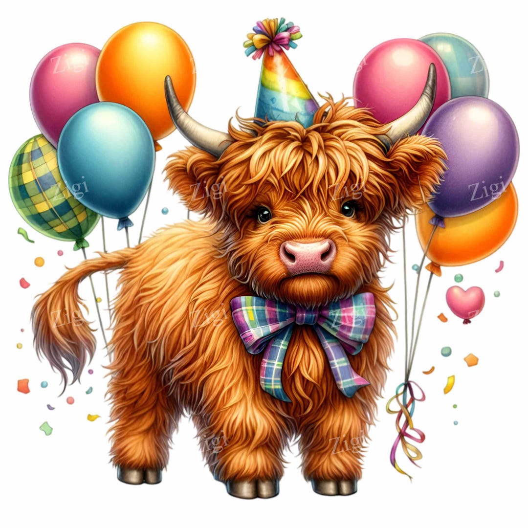 Party Highland Cow Clipart, 12 Cute Cow With Balloons and Party Hat PNG ...
