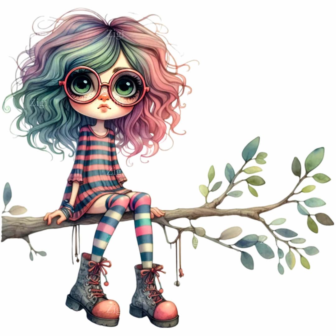 Whimsical Girl PNG Clipart 15 Cute Girl With Colorful Hair, Round ...