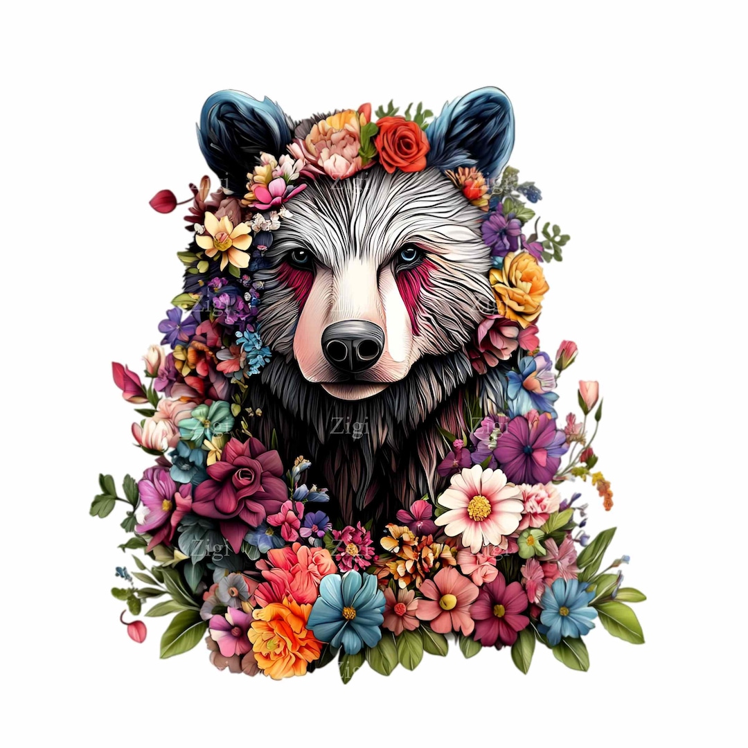 12 Floral Bear PNG Clipart - Bear Surrounded by Colorful Flowers ...