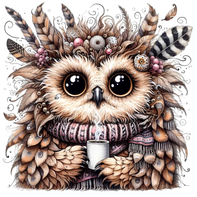 10 PNG Coffee Owl Messy Hair Bird Sweater Clipart - Etsy