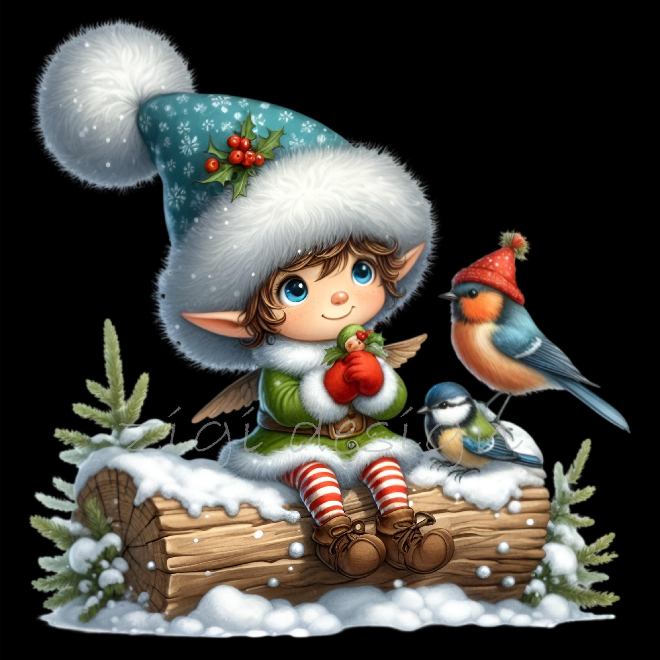 15 Christmas Elf PNG Clipart – Cute Holiday Elf on Snowy Log With Bird ...