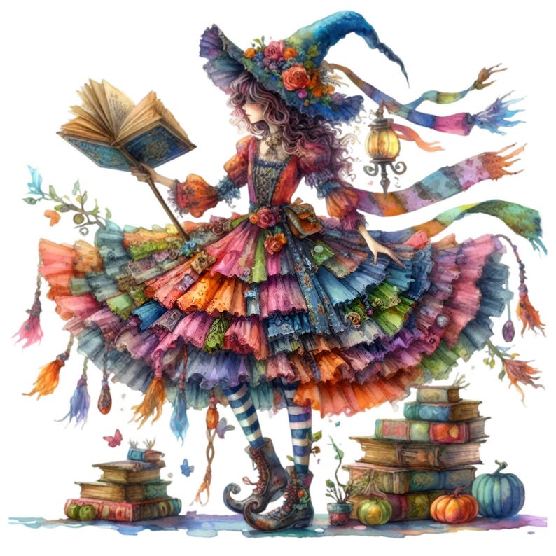 15 Colorful Witch Clipart PNG - Book-loving Witch in Magical Dress ...