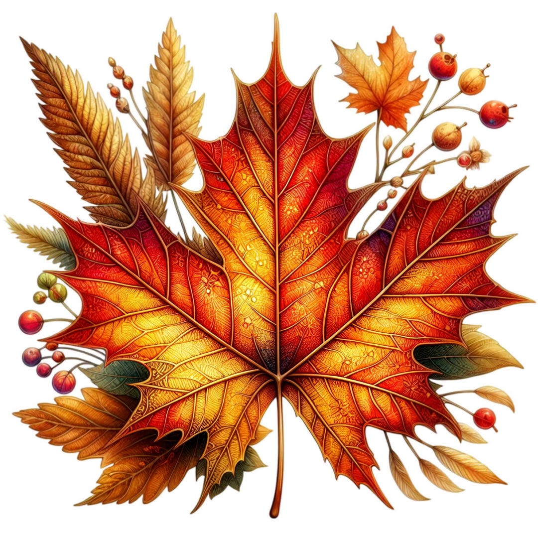 12 Autumn Maple Leaf Clipart PNG, Vibrant Fall Foliage With Berries ...