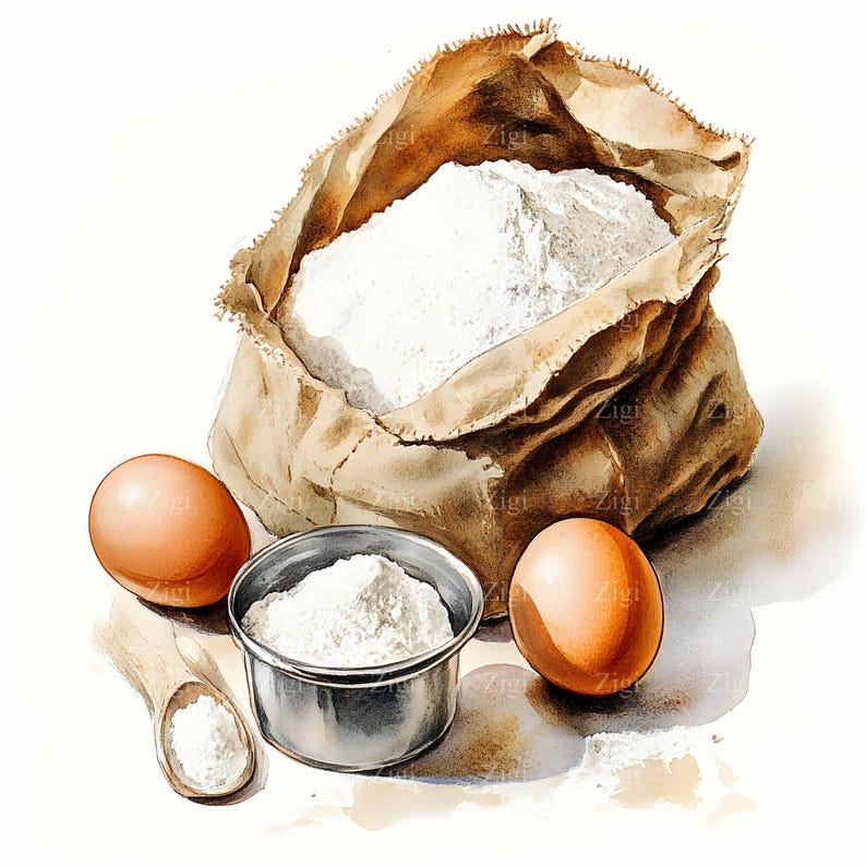 30 JPG Watercolor Baking Ingredients Clipart – Flour Sack Illustration ...