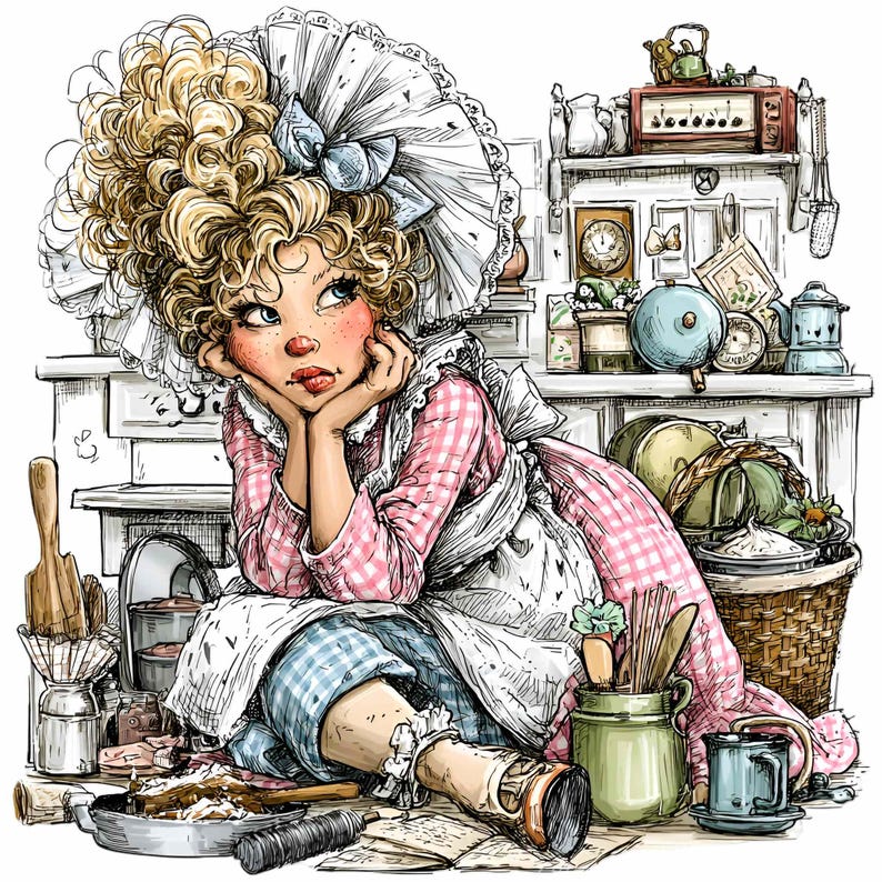 12 PNG Vintage Cooking Girl Clipart – Cute Kitchen Illustration for ...