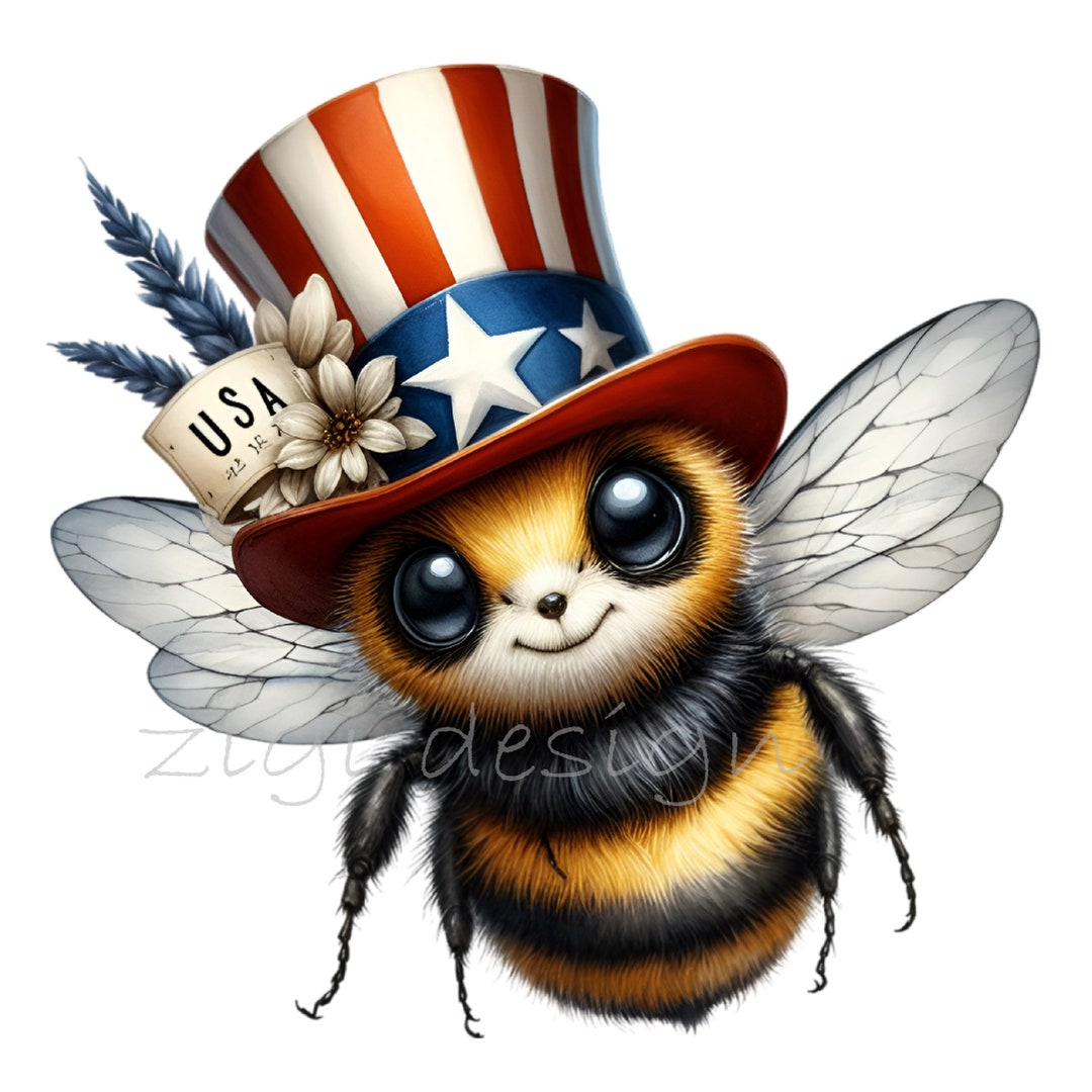 12 Patriotic Bee PNG - USA Bumblebee With Hat, Flowers & Flag Decor ...