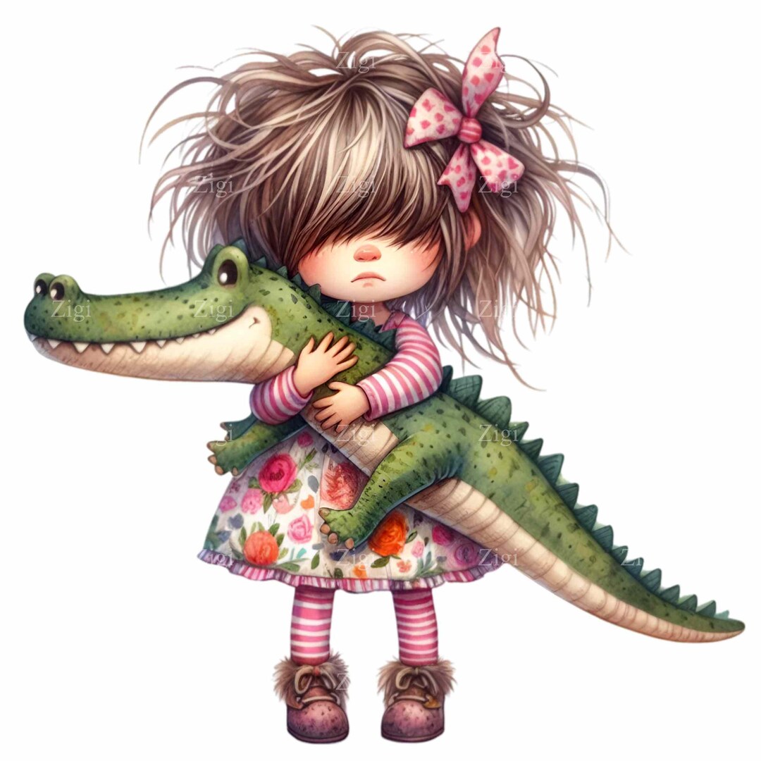15 Girl and Alligator Clipart PNG - Cute Child in Floral Dress Holding ...